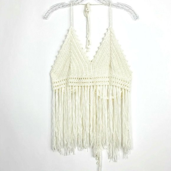 MORA | Tops | Mora Surf Knit Crochet Fringe Halter Top Tie Back | Poshmark
